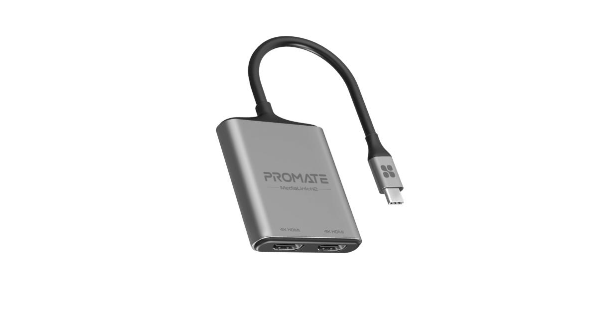 Promate MediaLink-H2 USB-C to HDMI Adapter, with Dual 4K HDMI Ports and ...