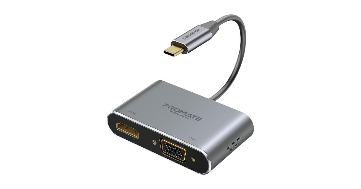 Promate MediaHub-C2 USB-C Display Adapter, Premium 2-In-1 USB-C to 1080 ...