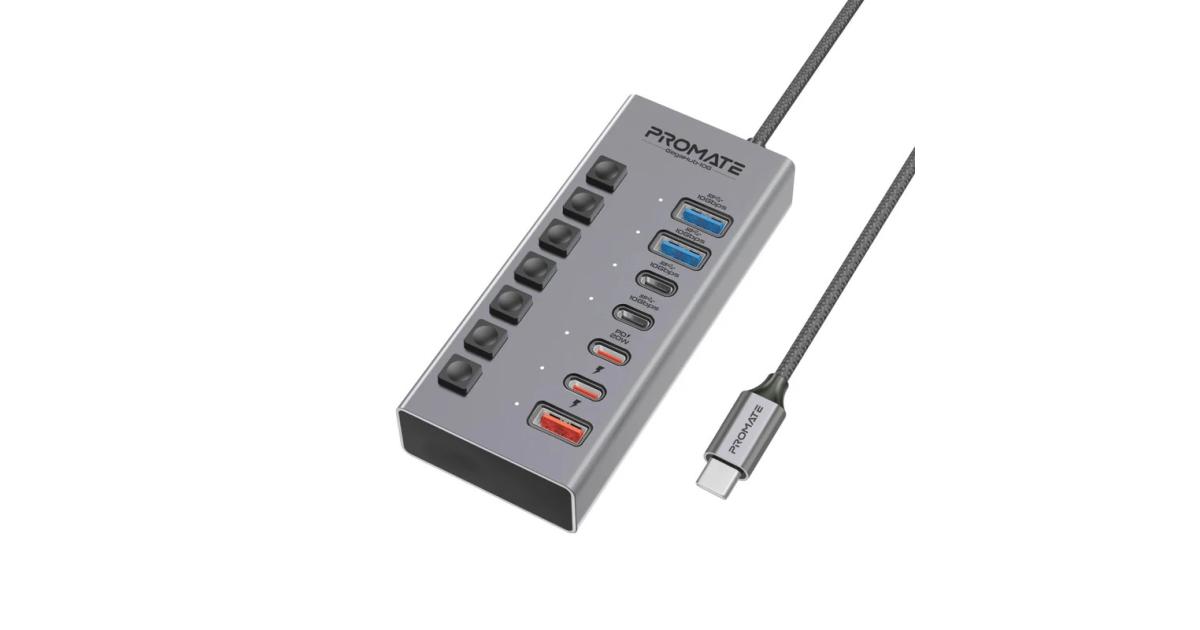Promate GegaHub-10G 7-in-1 USB-C multiport Hub, Dual USB-C and USB-A ...