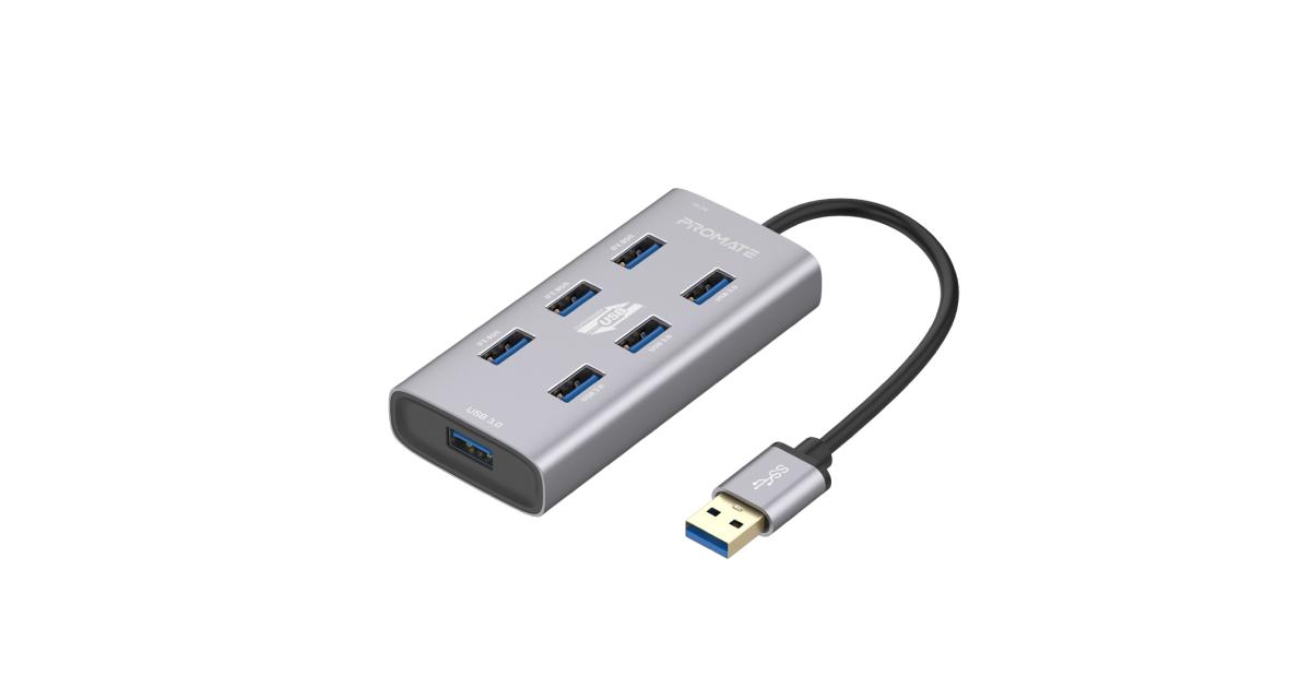 Promate ezHub-7 7 in 1 Aluminium Alloy Powered USB Hub 7 USB 3.0 Ports USB-C Adaptor 5Gbps ...